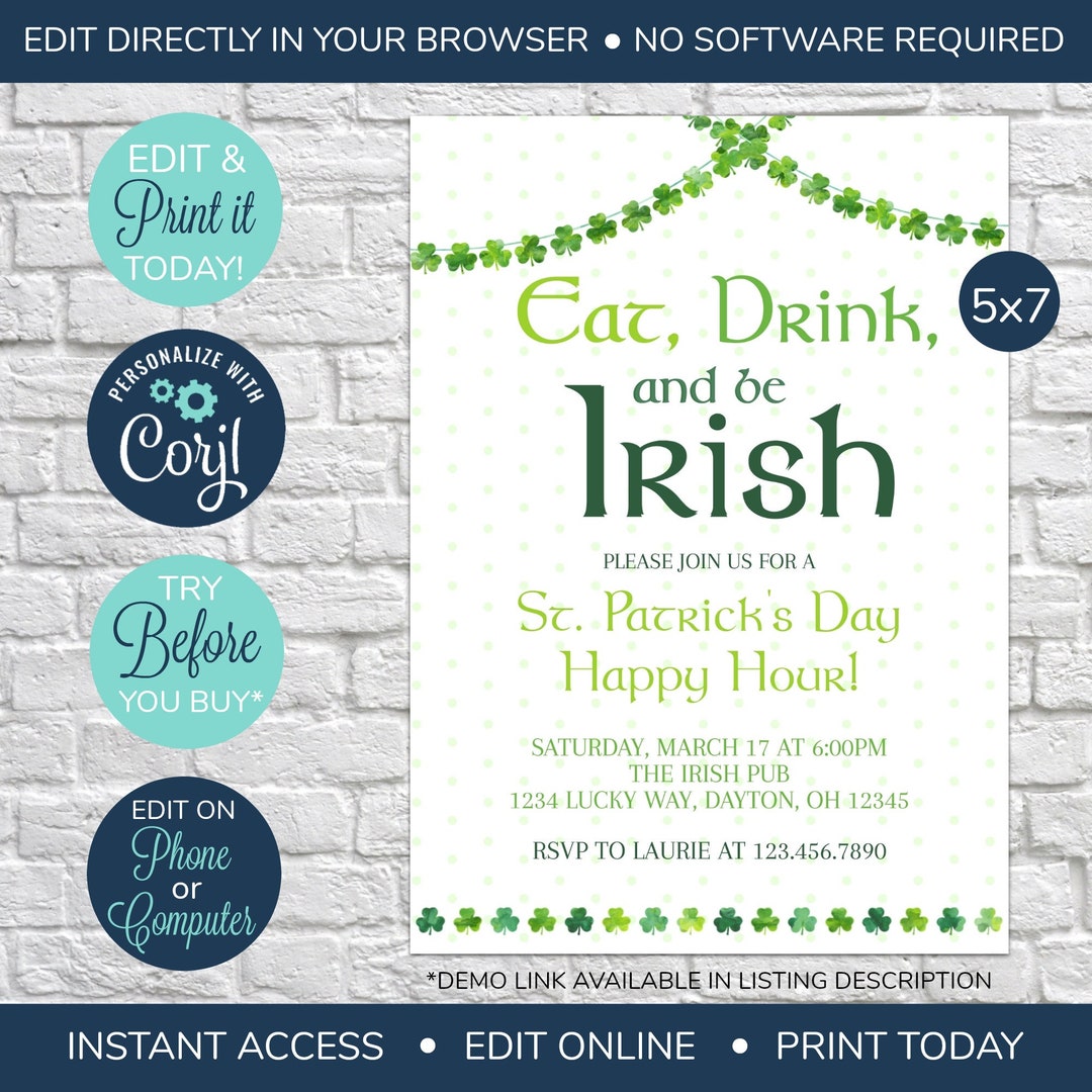 EDITABLE St Patrick's Party Invitation, Saint Patrick's, Irish Party ...