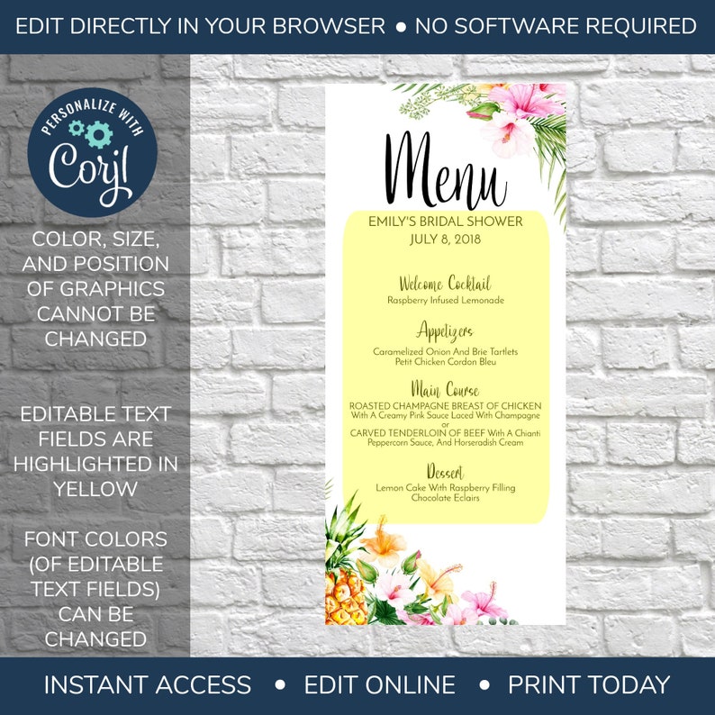 EDITABLE Tropical Menu Card Template Shower Menu Card Menu | Etsy