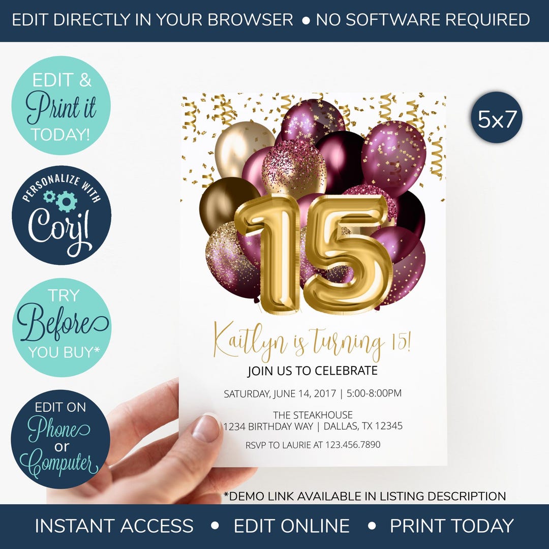 EDITABLE 15th Birthday Invitation, Burgundy and Gold 15th Invitation ...