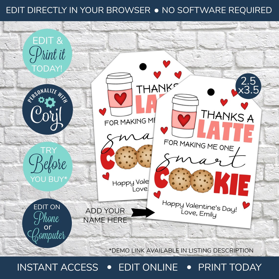 EDITABLE One Smart Cookie Tags Printable Thank a Latte - Etsy