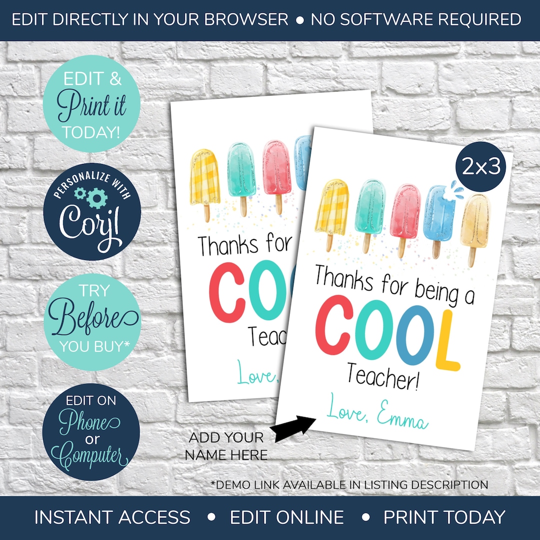 EDITABLE Thanks for Being a Cool Teacher Tag, Printable Teacher Thank ...