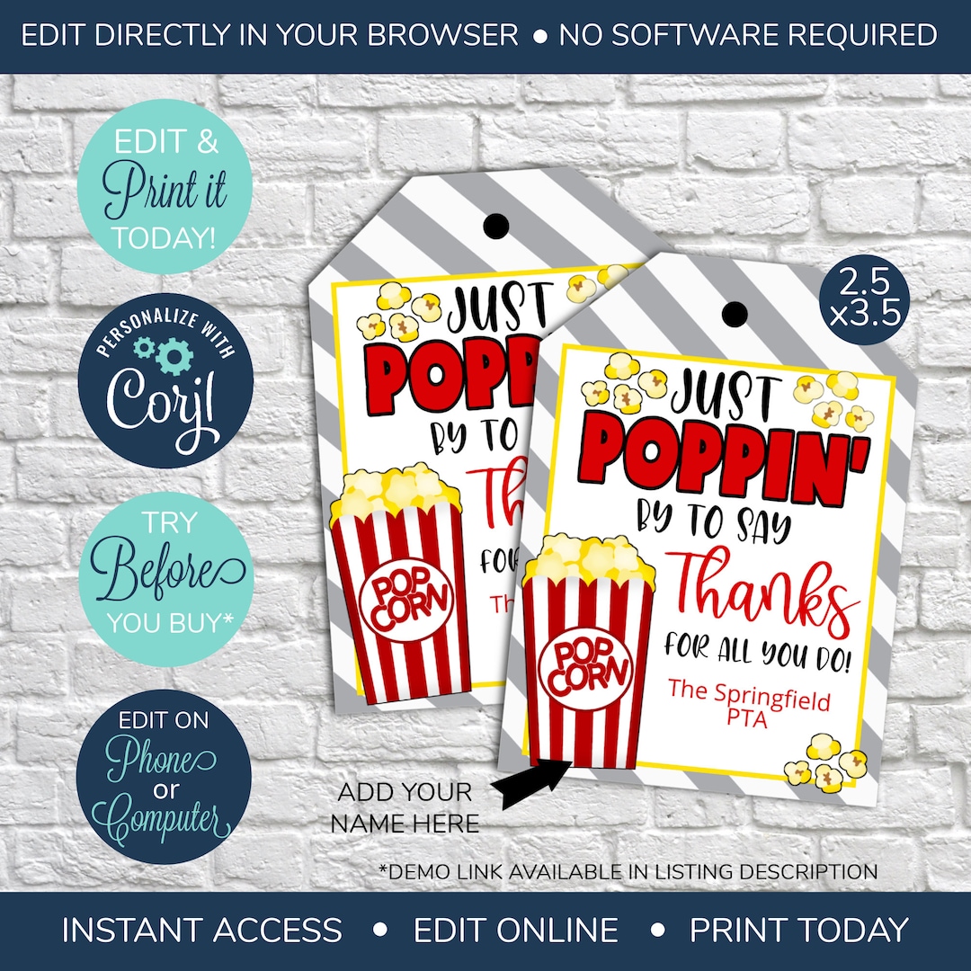 EDITABLE Popcorn Appreciation Gift Tag, Teacher Staff Employee School ...