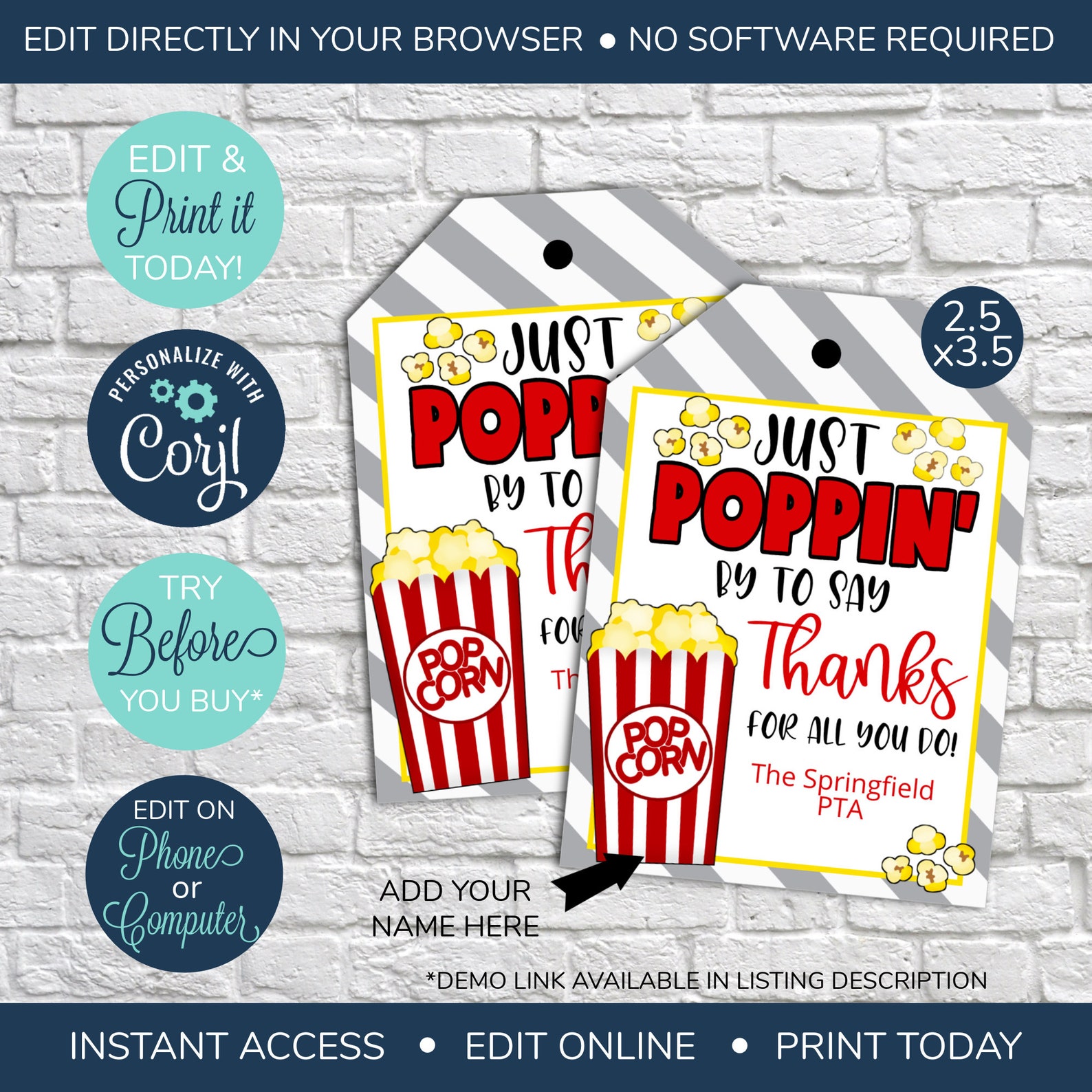EDITABLE Popcorn Appreciation Gift Tag Teacher Staff Employee - Etsy