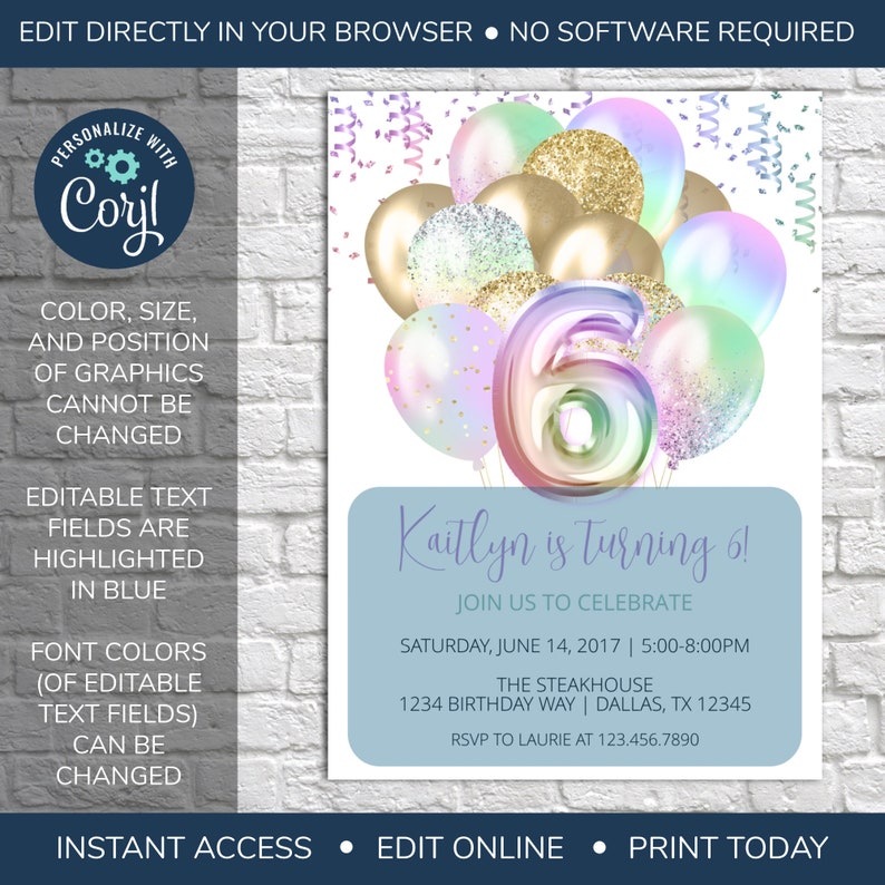 EDITABLE 6th Birthday Invitation, Pastel Rainbow 6th Invitation, Six ...