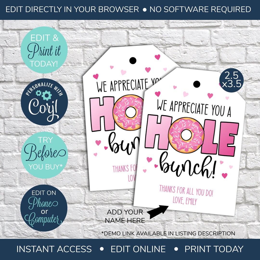 EDITABLE Donut Thank You Tags, Teacher Gift Tags, Appreciate You a Hole ...