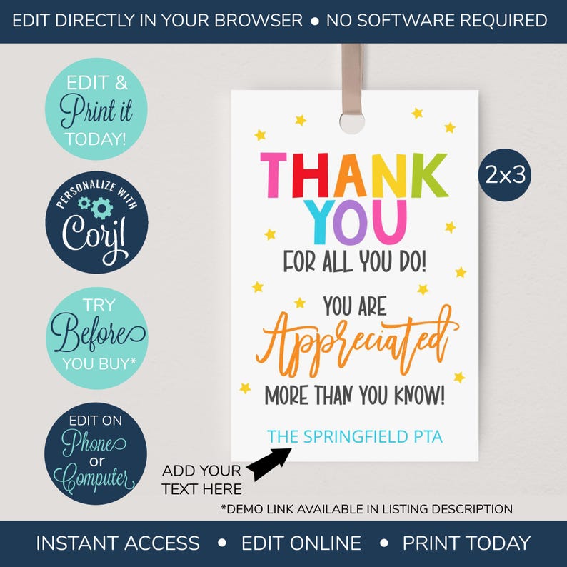 EDITABLE Appreciation Gift Tag, Teacher Staff Employee School ...