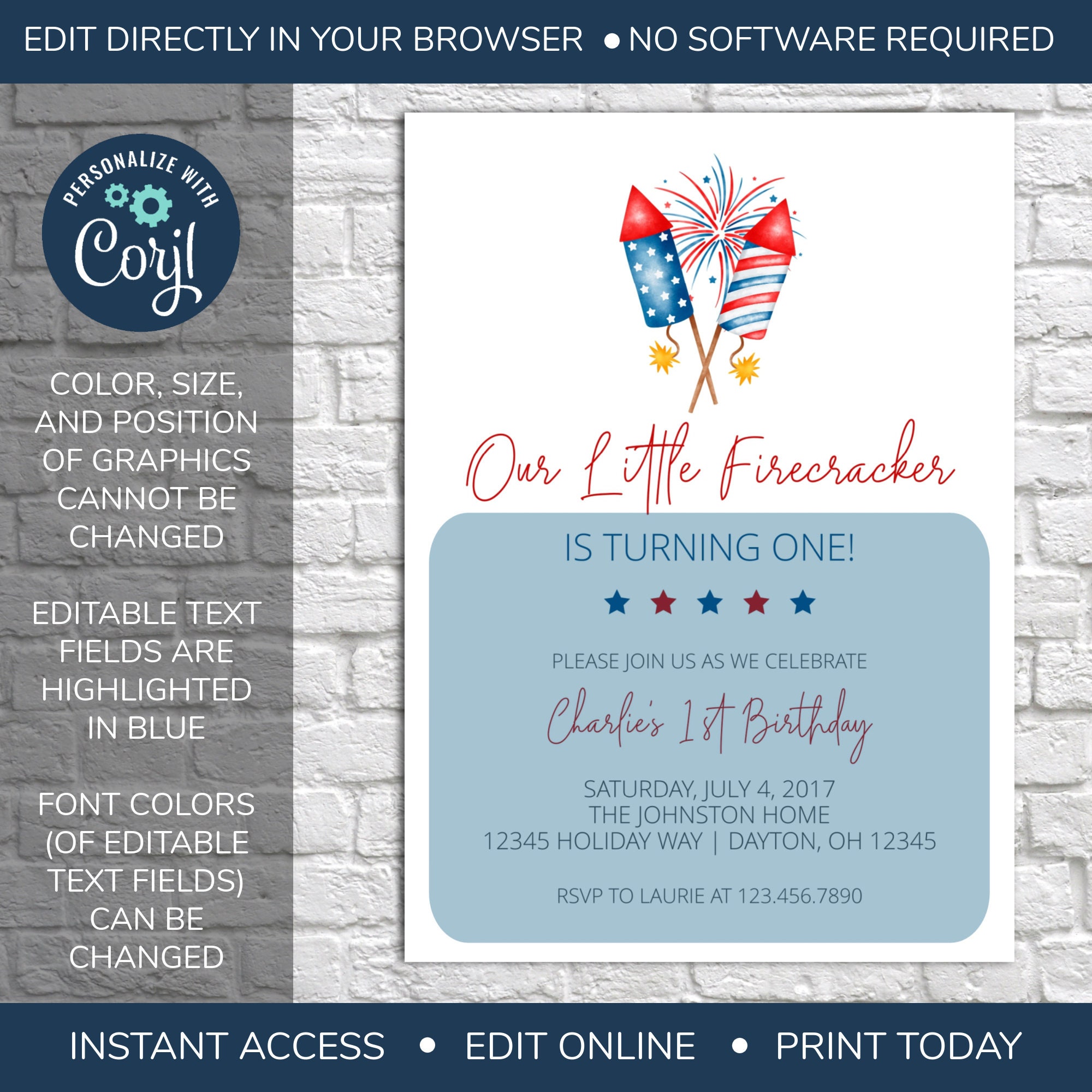 EDITABLE Little Firecracker Birthday Invitatation First - Etsy