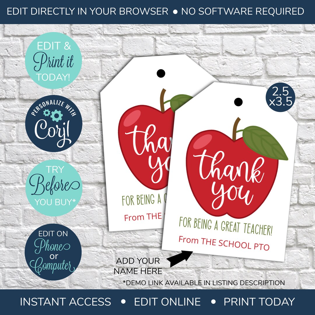 EDITABLE Back to School Teacher Gift Tag, Apple Thank You Favor Tag ...