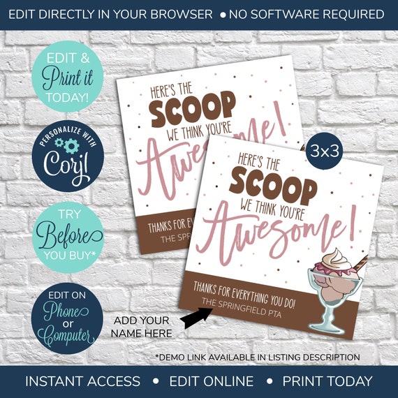 EDITABLE Ice Cream Appreciation Gift Tag Teacher Staff | Etsy