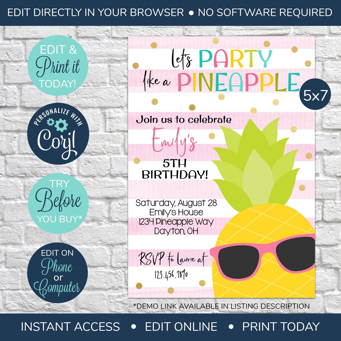 EDITABLE Pineapple Birthday Invitation Party Like a - Etsy