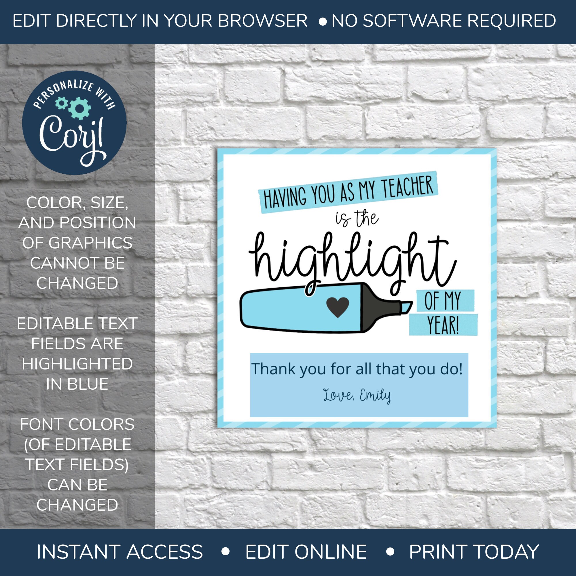 EDITABLE Teacher Appreciation Gift Tag Highlight of My Day - Etsy