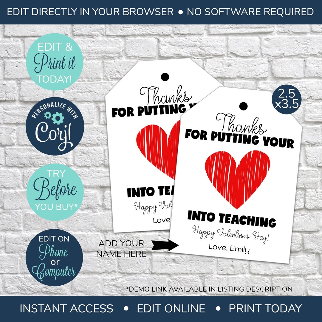 EDITABLE Thank You for Putting Your Heart Into Teaching, Valentine ...
