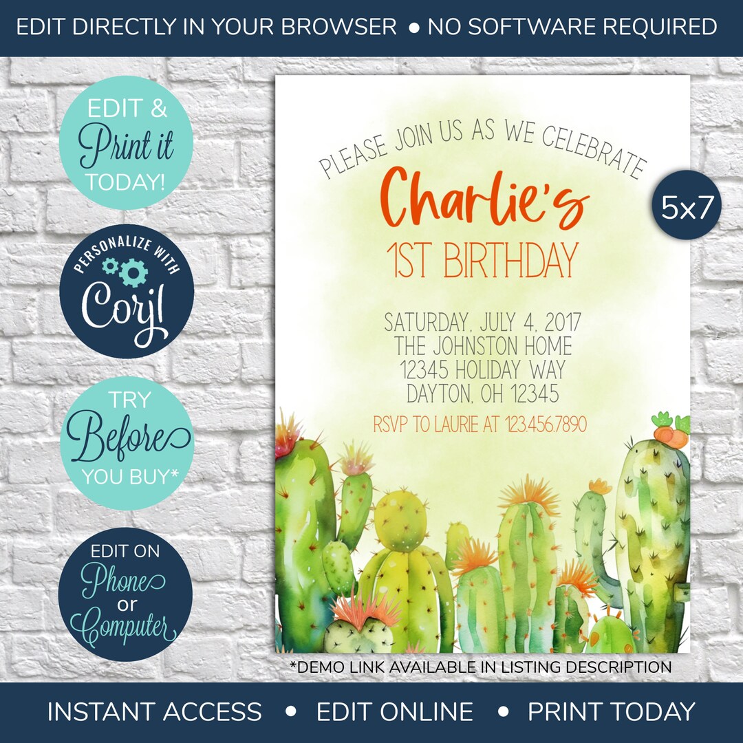 EDITABLE Watercolor Cactus Birthday Invitation, Cactus Party, Fiesta ...