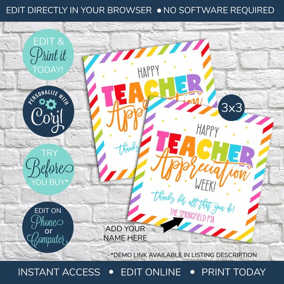 EDITABLE Teacher Appreciation Gift Tag Teacher Staff Employee - Etsy