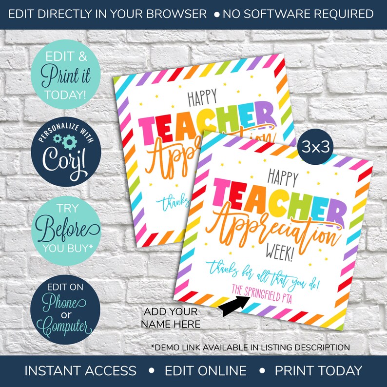 EDITABLE Teacher Appreciation Gift Tag Teacher Staff Employee - Etsy