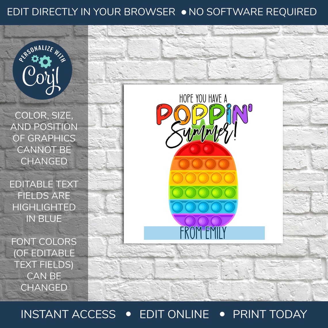 EDITABLE End of School Pop It Tag, Hope You Have A Poppin Summer ...