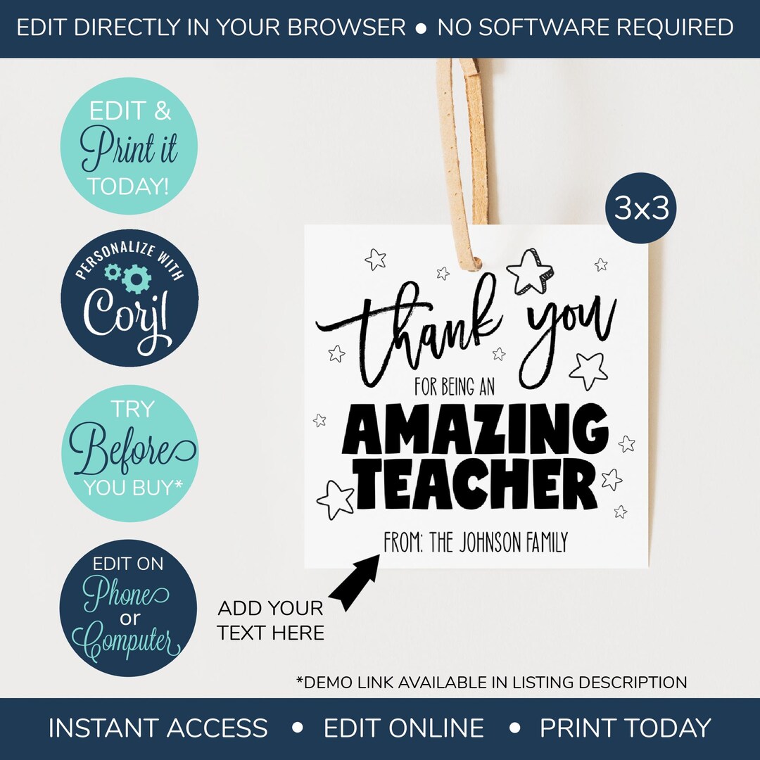 EDITABLE Teacher Appreciation Gift Tag, Teacher Staff Employee School ...
