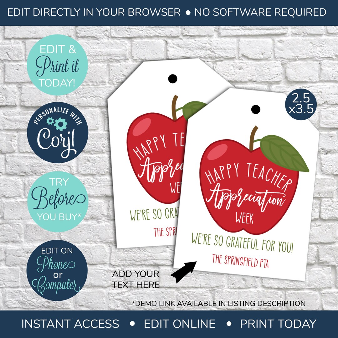 EDITABLE Teacher Appreciation Week Gift Tag, Apple Thank You Tag ...
