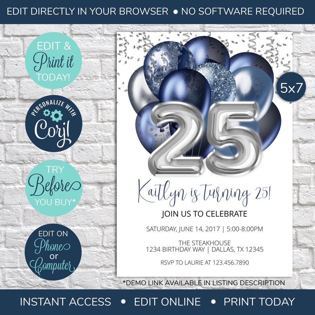 EDITABLE 25th Birthday Invitation, Navy and Silver 25th Invitation ...