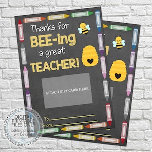 Thanks for Bee-ing a Great Teacher, Printable Teacher Gift, Gift Card ...
