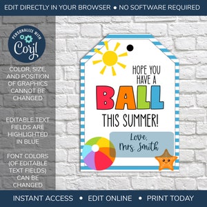 EDITABLE Hope You Have a Ball This Summer Tag, End of School Year Tag ...