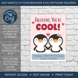 EDITABLE Classroom Valentine's Day Cards, You're Cool, Penguin ...