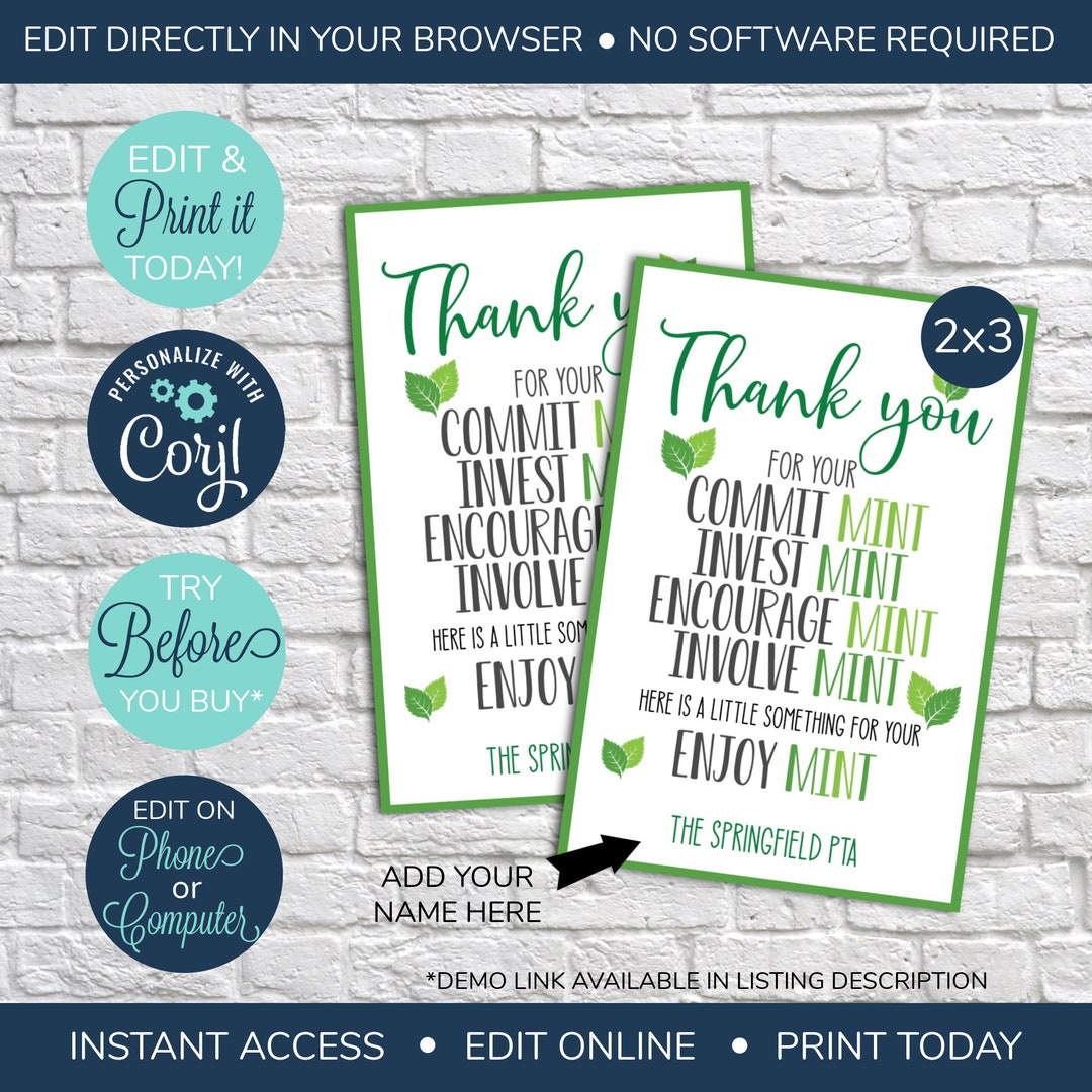 EDITABLE Mint Appreciation Gift Tag, Teacher Staff Employee School ...