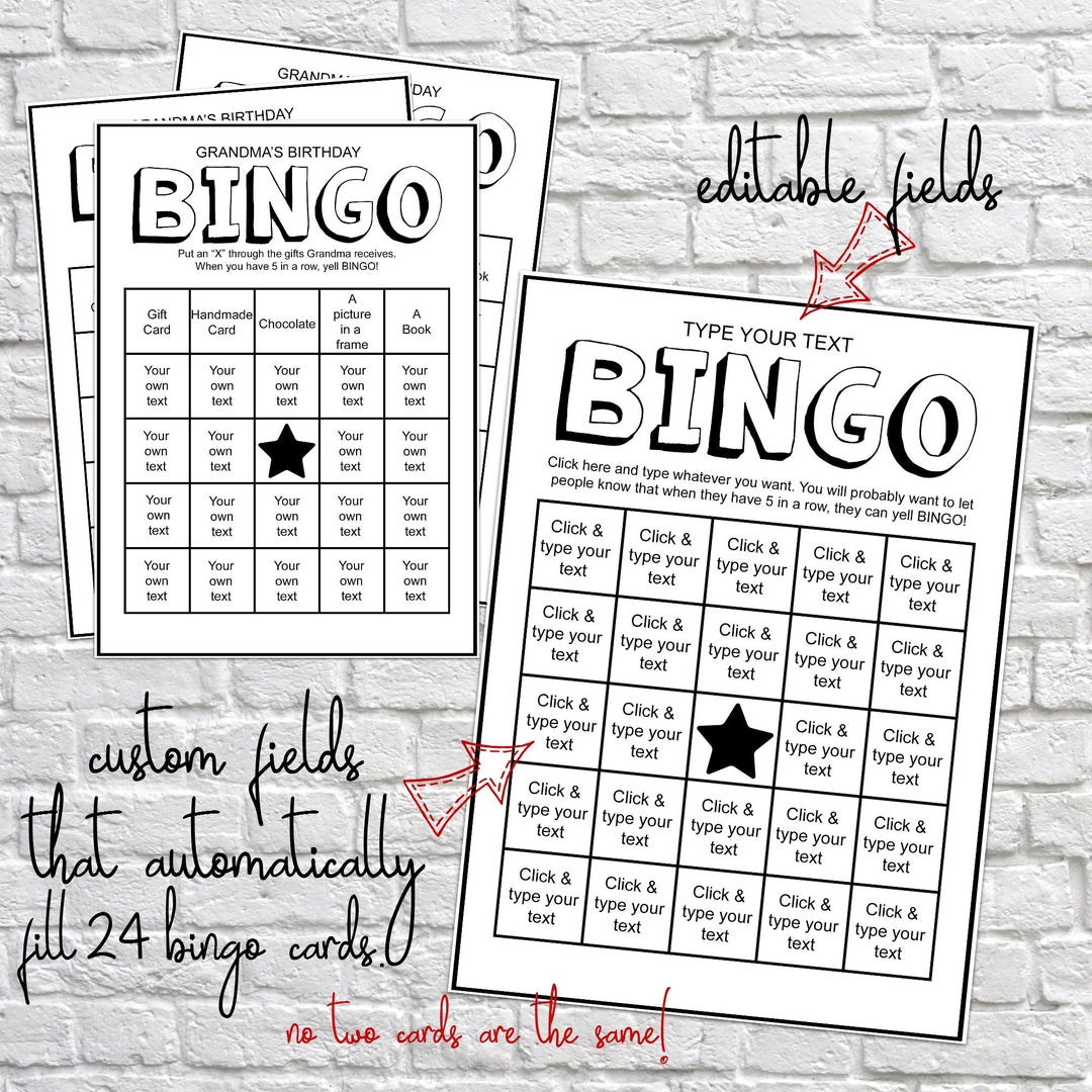 Bingo Cards, Custom Bingo Cards, Type Your Own Text Cards Fill ...