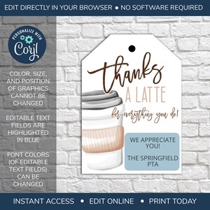 EDITABLE Thanks a Latte Tags, Coffee Appreciation, Employee ...