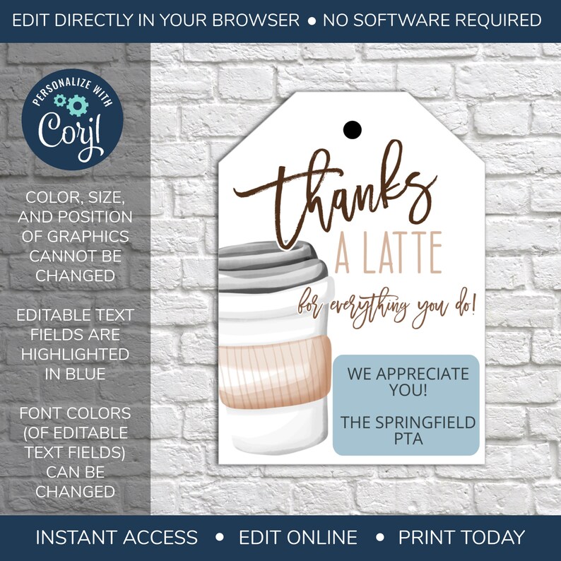 EDITABLE Thanks a Latte Tags Coffee Appreciation Employee - Etsy