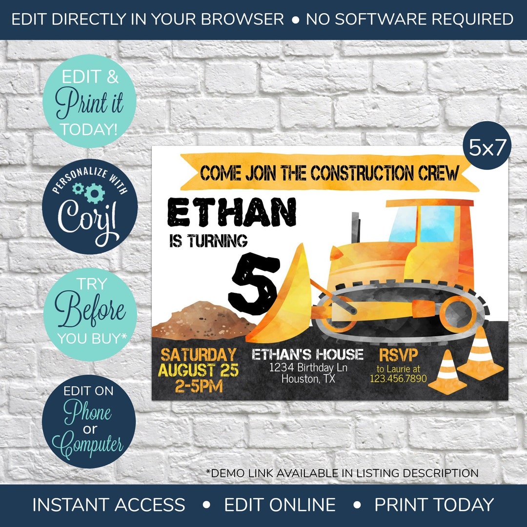 EDITABLE Construction Birthday, Construction Party Invitation ...