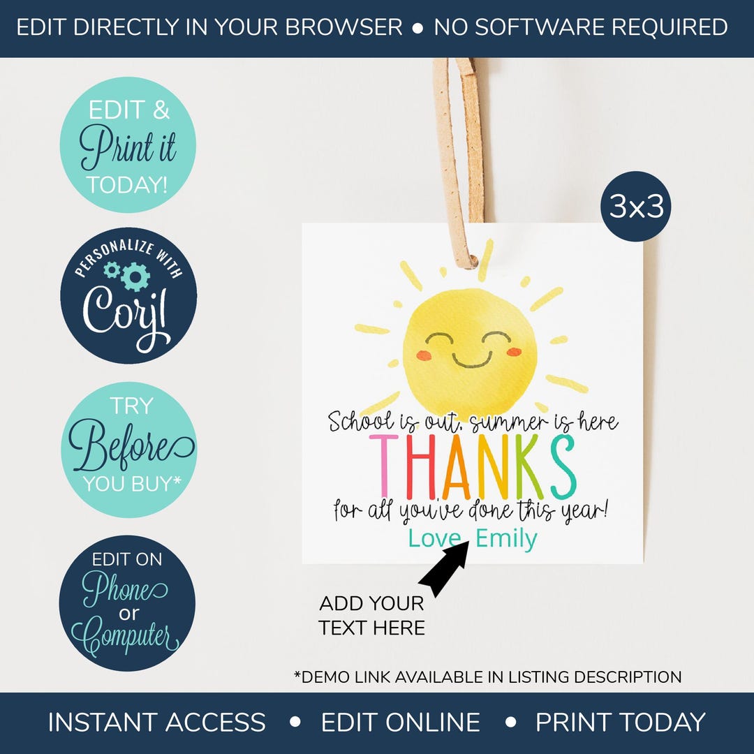 EDITABLE Sunshine Teacher Thank You Gift Tag, School is Out Summer is ...