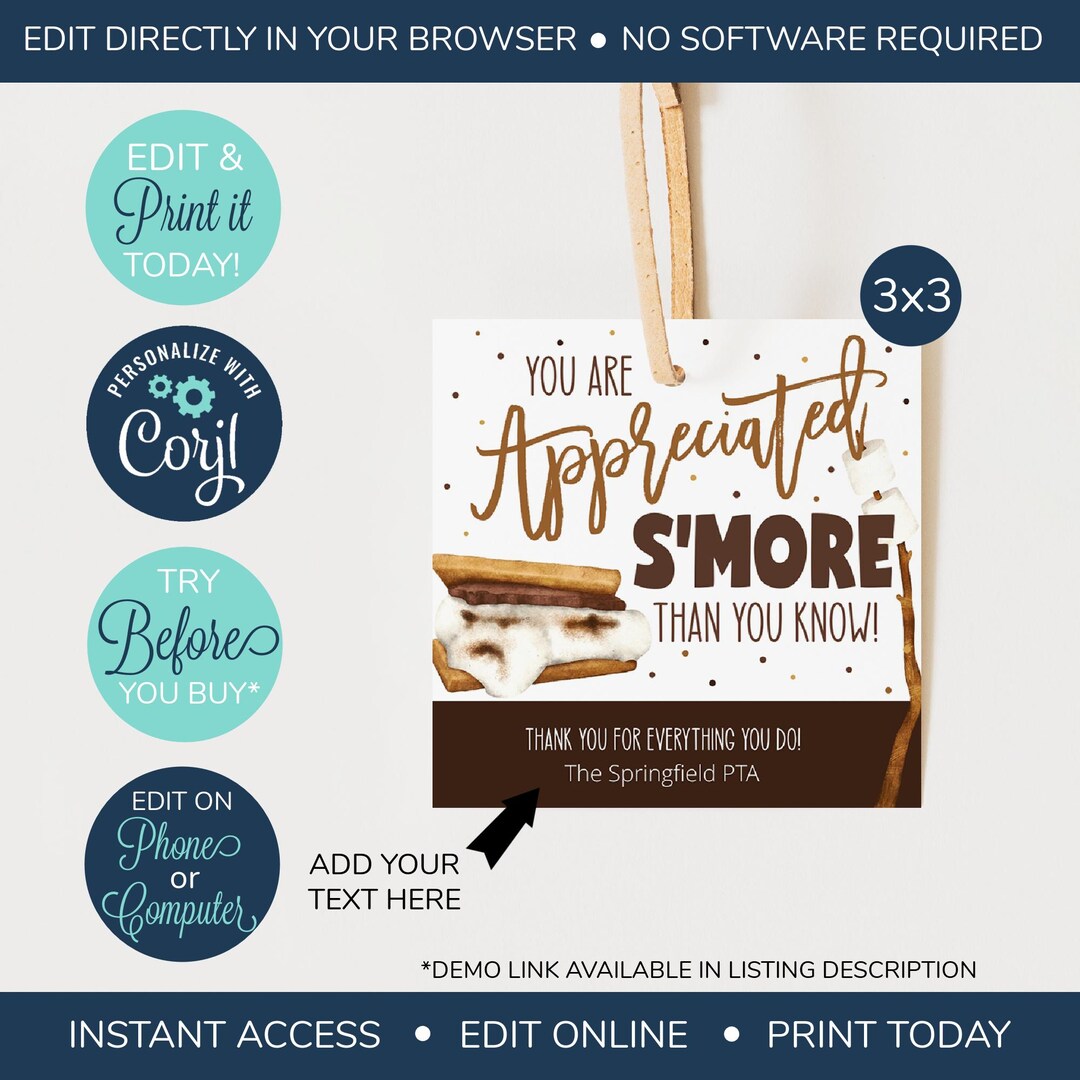 EDITABLE S'more Appreciation Gift Tag, Teacher Staff Employee School ...