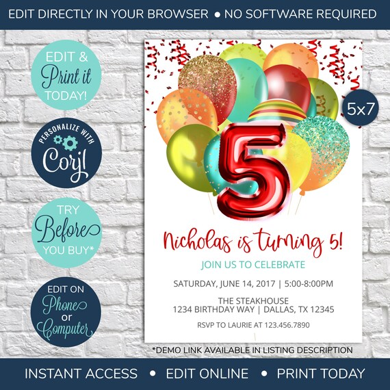 EDITABLE 5th Birthday Invitation Balloon Birthday Party - Etsy