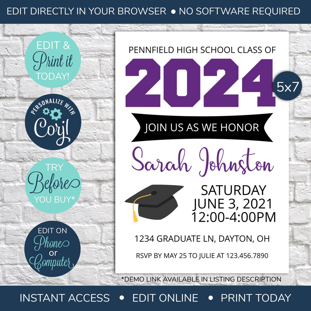 EDITABLE Purple Class of 2024, Graduation Open House Invitation ...