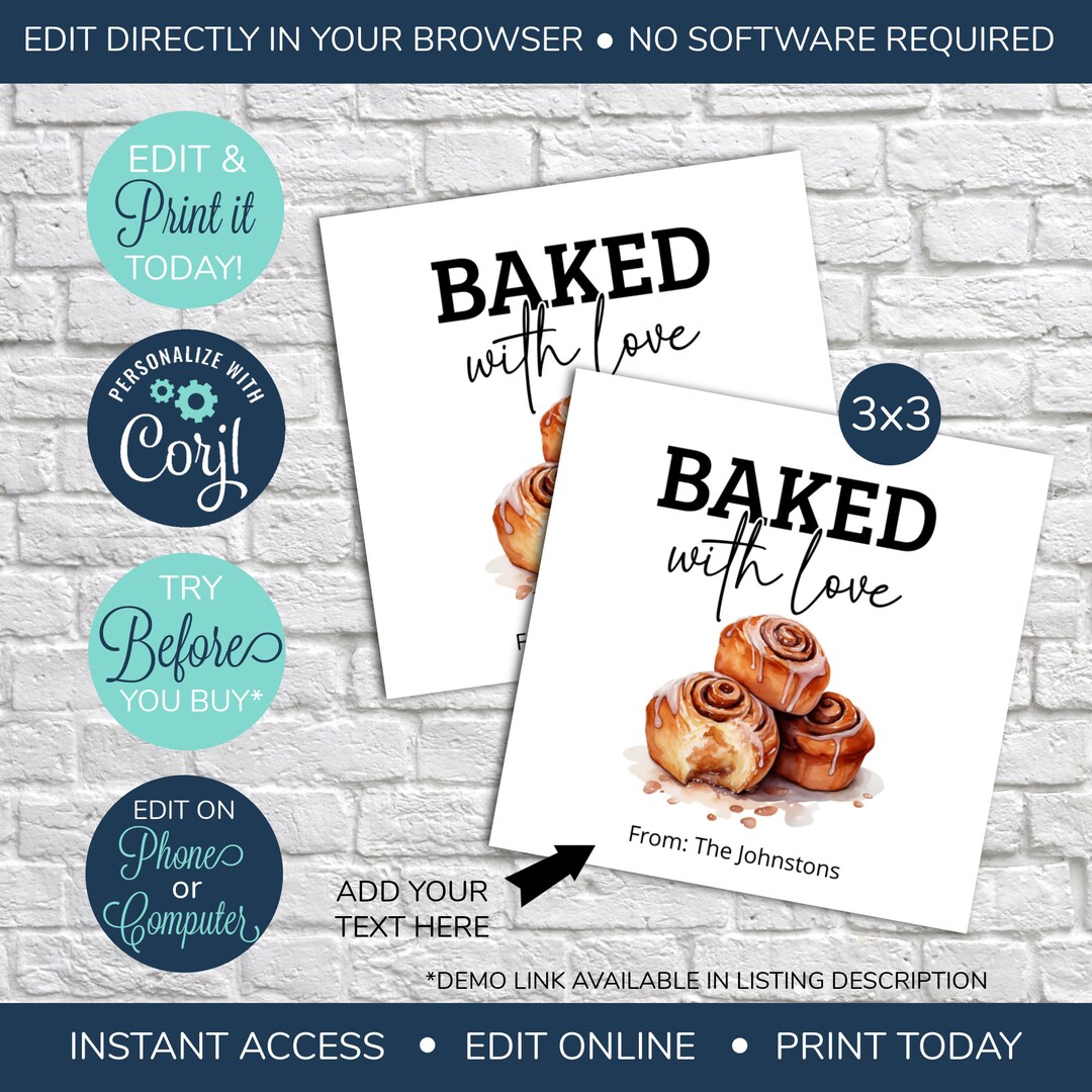 EDITABLE Baked With Love Tag, Printable Food and Baked Goods Tags, From ...