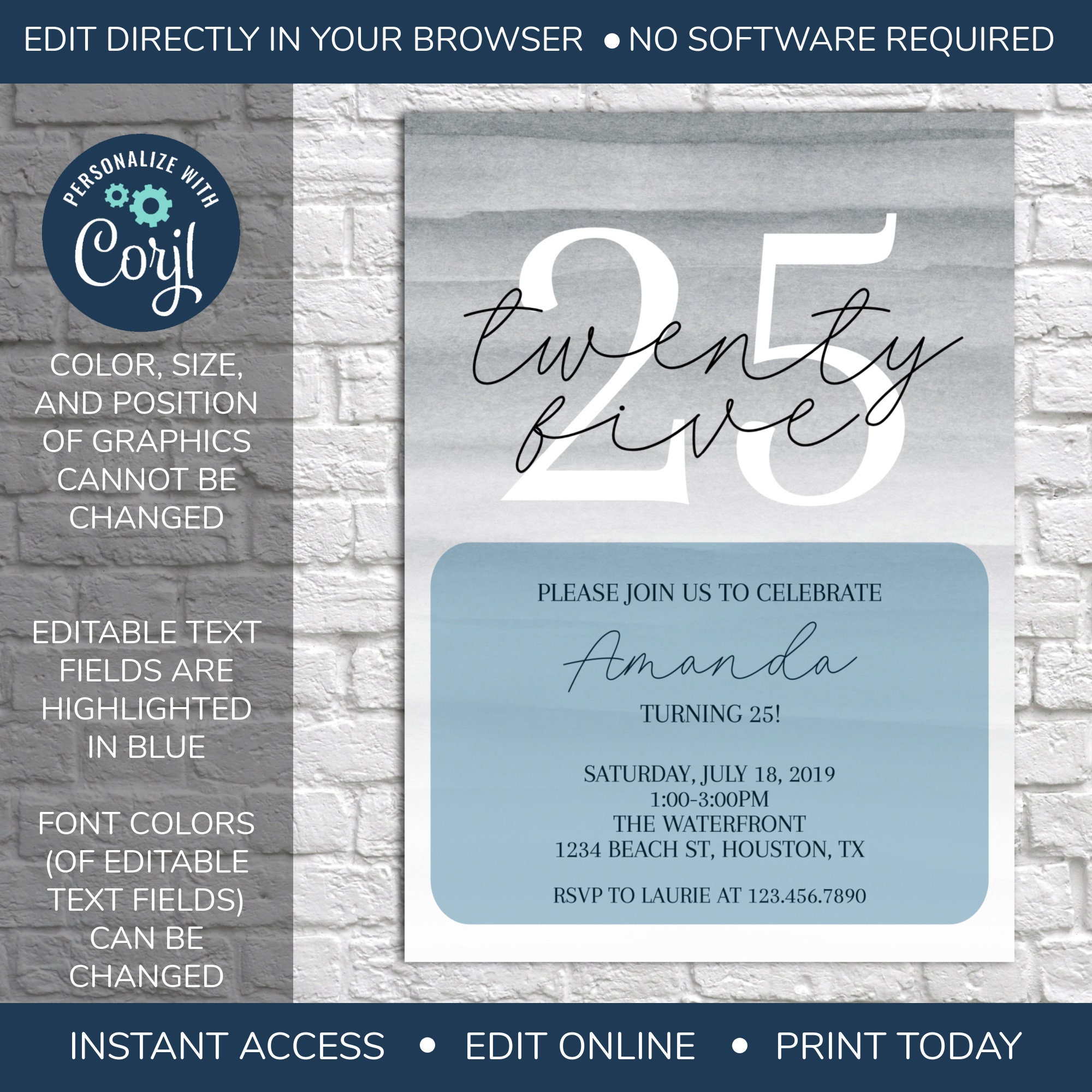 EDITABLE 25th Birthday Invitation, Twenty Five Invitation, Surprise ...