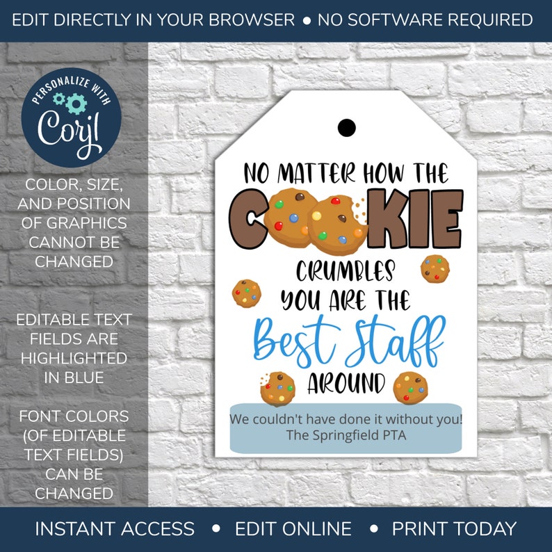 EDITABLE Cookie Appreciation Gift Tag Teacher Staff Employee - Etsy