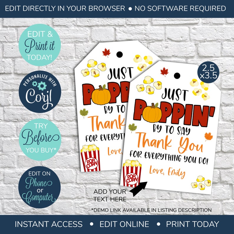 EDITABLE Popcorn Appreciation Gift Tag, Teacher Staff Employee School ...