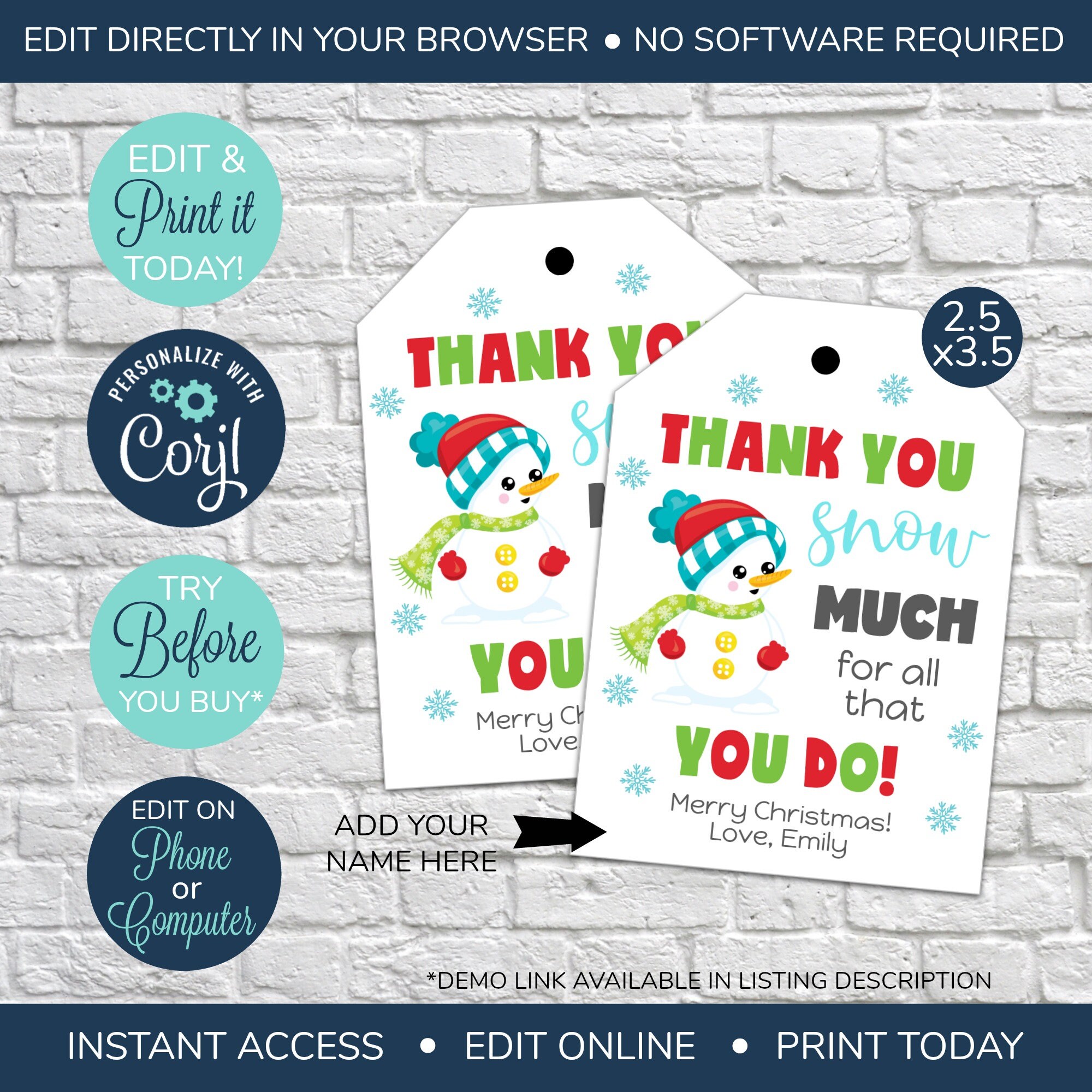 EDITABLE Christmas Gift Tags, Thank You Snow Much for All You Do ...