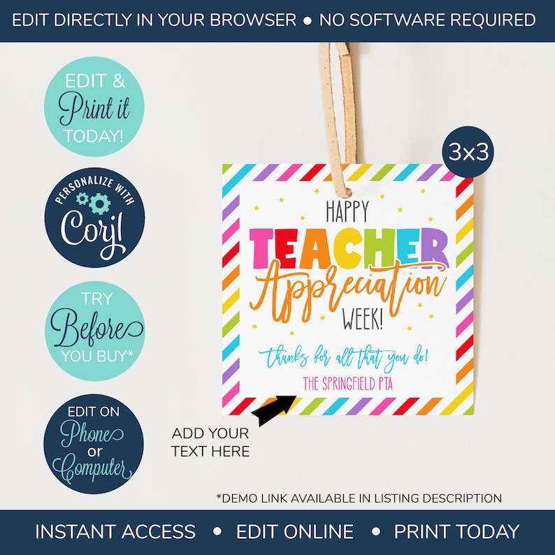 EDITABLE Teacher Appreciation Gift Tag, Teacher Staff Employee School ...