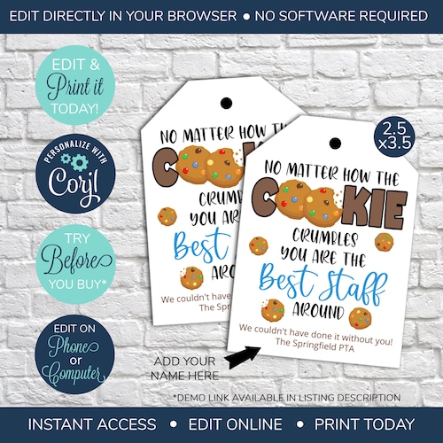 Employee Appreciation Gift Printable Cookie Tags Staff - Etsy