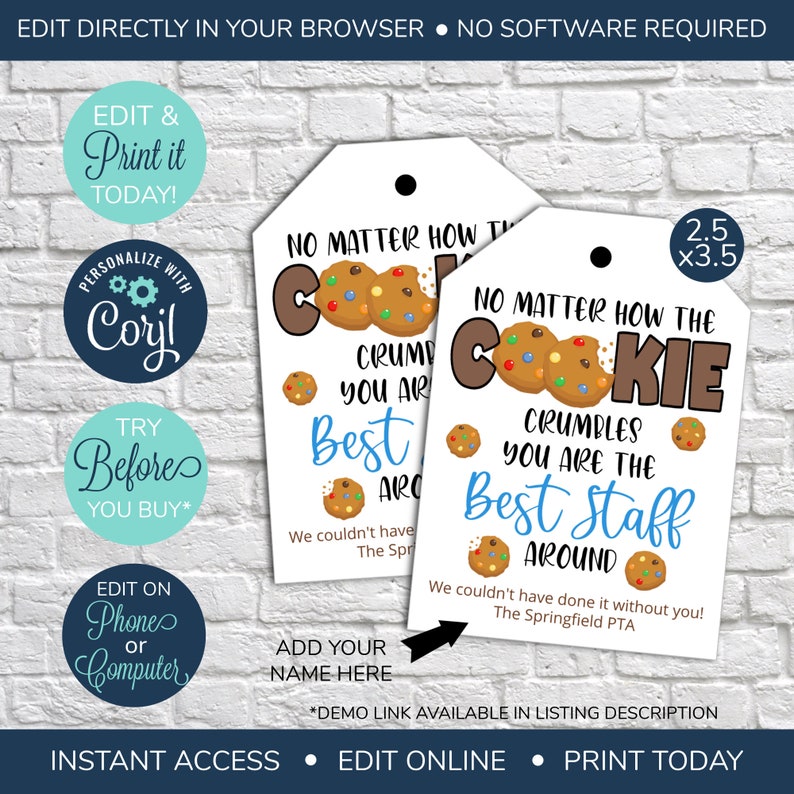 EDITABLE Cookie Appreciation Gift Tag Teacher Staff Employee - Etsy