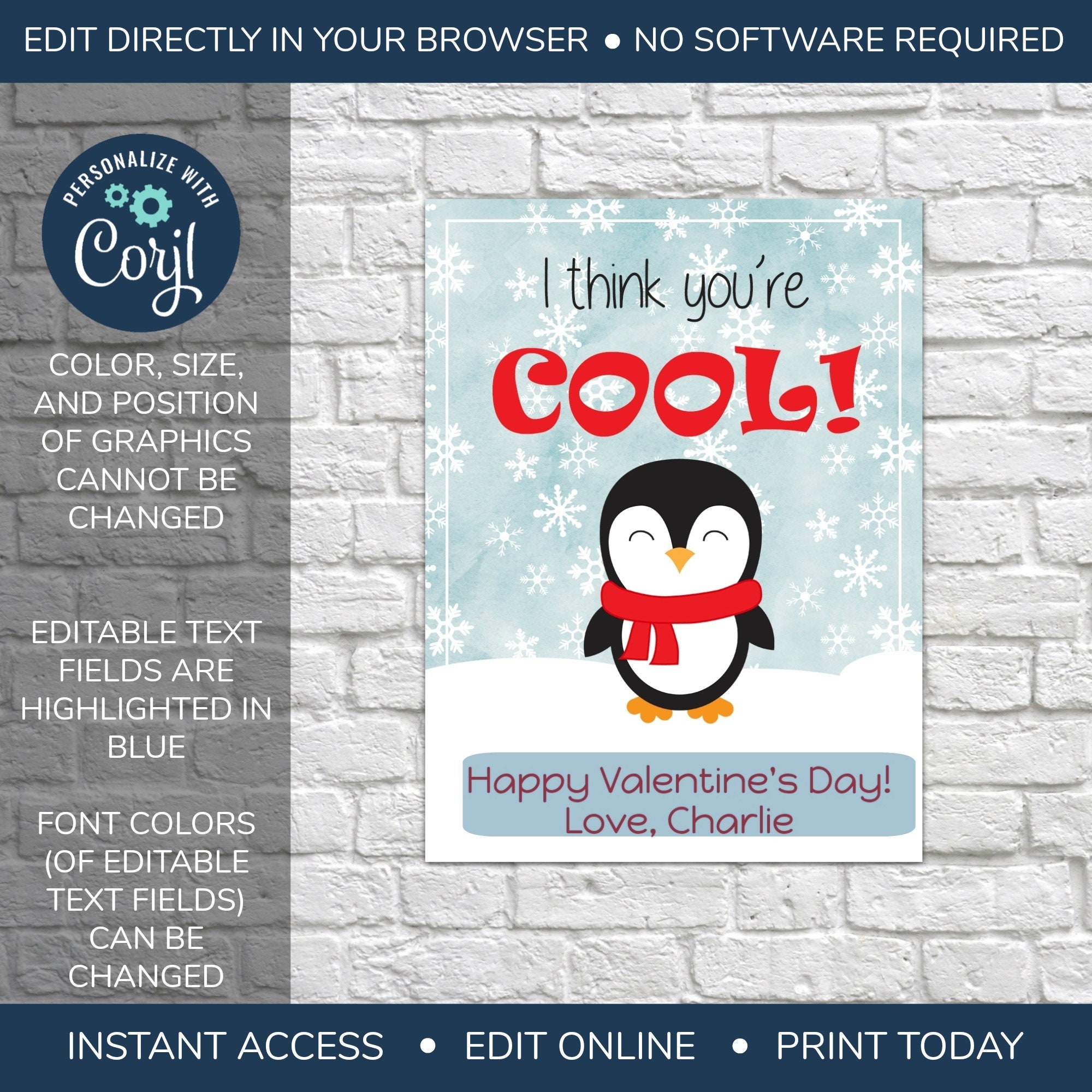 EDITABLE Classroom Valentine's Day Cards, You're Cool, Penguin ...