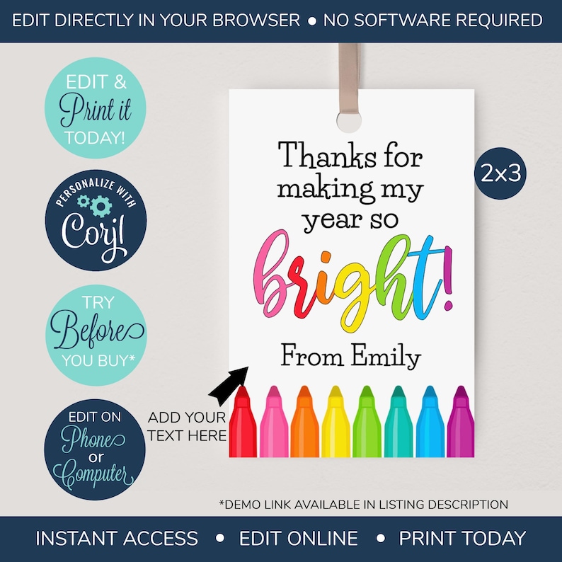 EDITABLE Teacher Appreciation Gift Tag, Making My Year so Bright ...