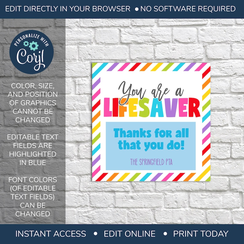 EDITABLE Thank You for Being a Real Lifesaver Gift Tag Thank | Etsy