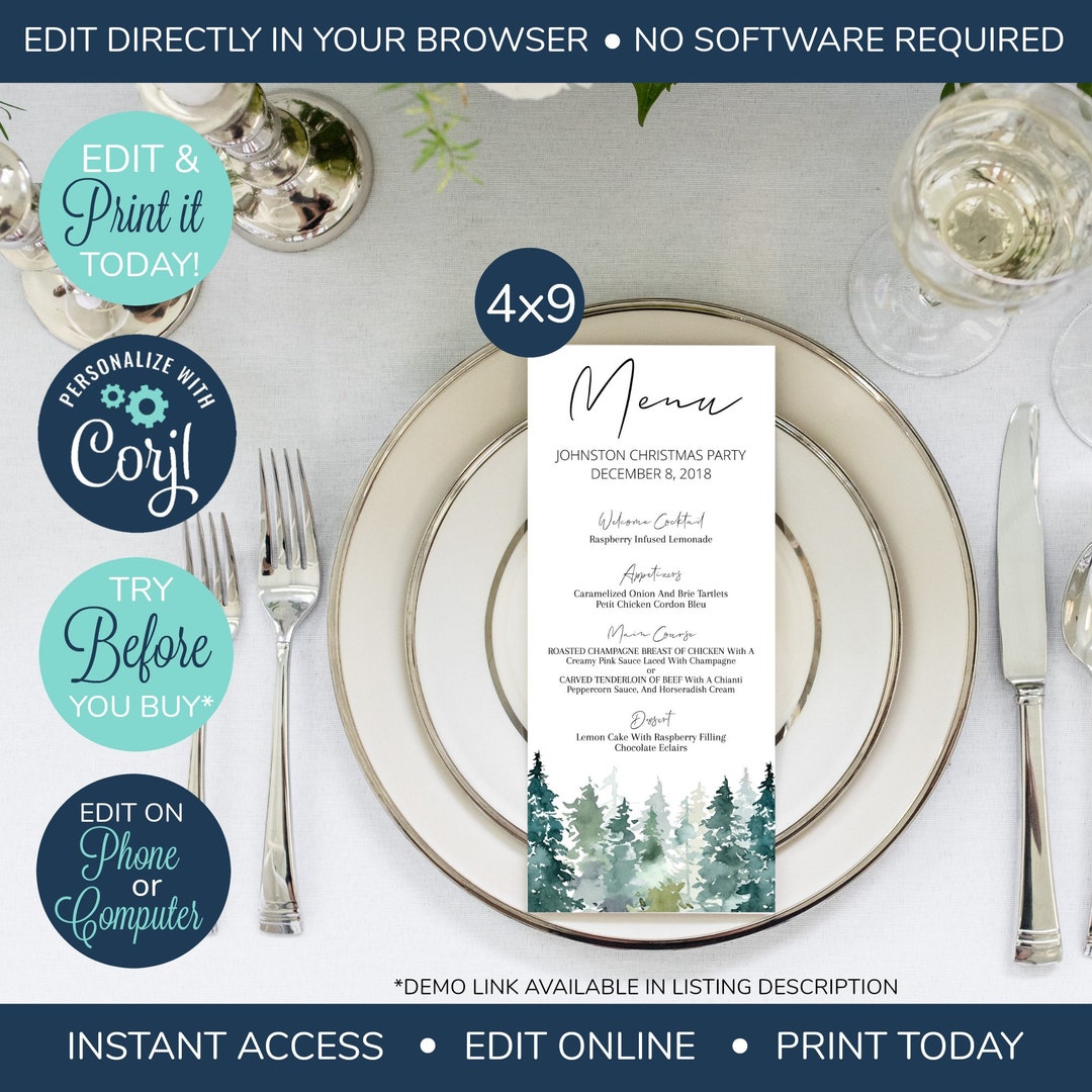 EDITABLE Woodland Menu Template, Rustic Pine Tree Wedding Menu Card ...