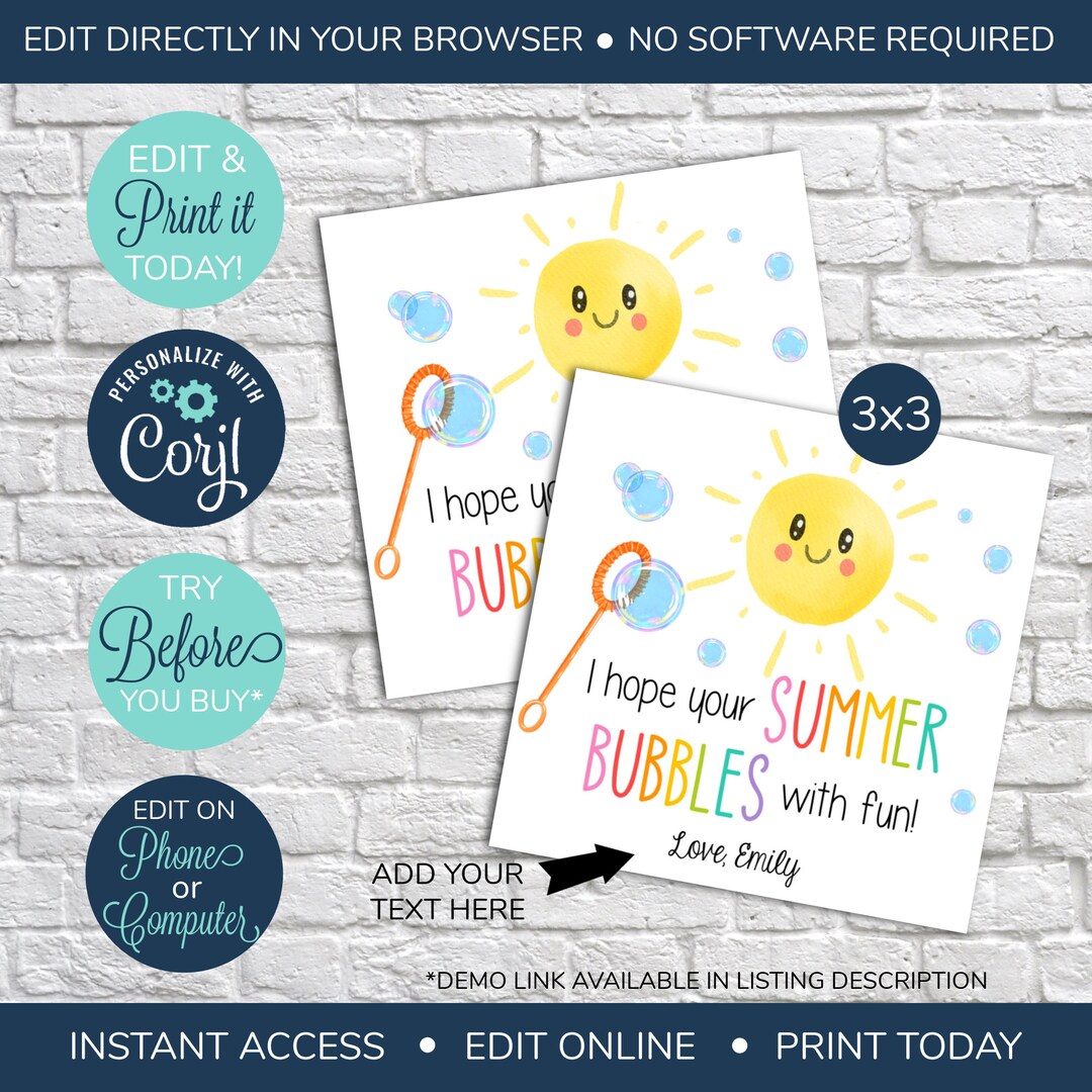 EDITABLE Hope Your Summer Bubbles With Fun, End of School Year Tag, End ...