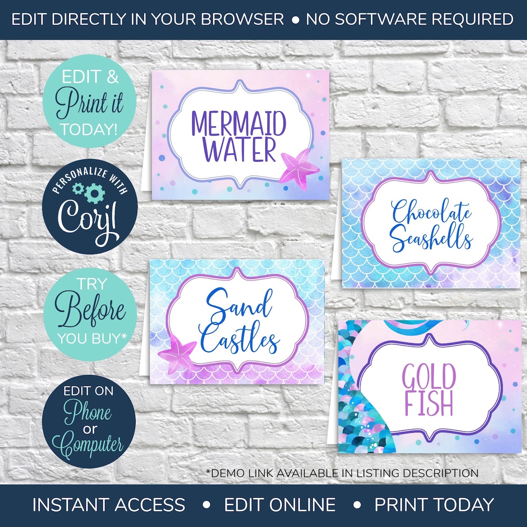 EDITABLE Mermaid Party Food Tents, Mermaid Birthday Food Labels ...