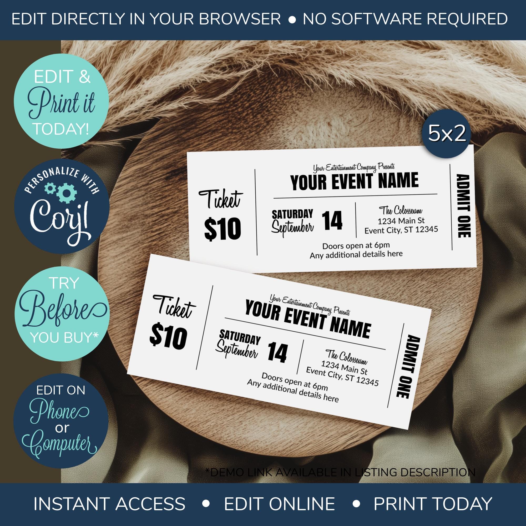 EDITABLE Event Ticket, Printable Event Tickets, Event Ticket Template ...